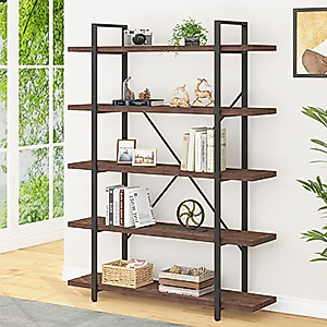 IBF Real Natural Wood 5 Shelf Bookshelf, Industrial Solid Wood Large Open Tall Etagere Bookcase, Rustic Farmhouse Metal Wide Big Book Shelf Storage for Home Bedroom Office Living Doom, Distressed Grey