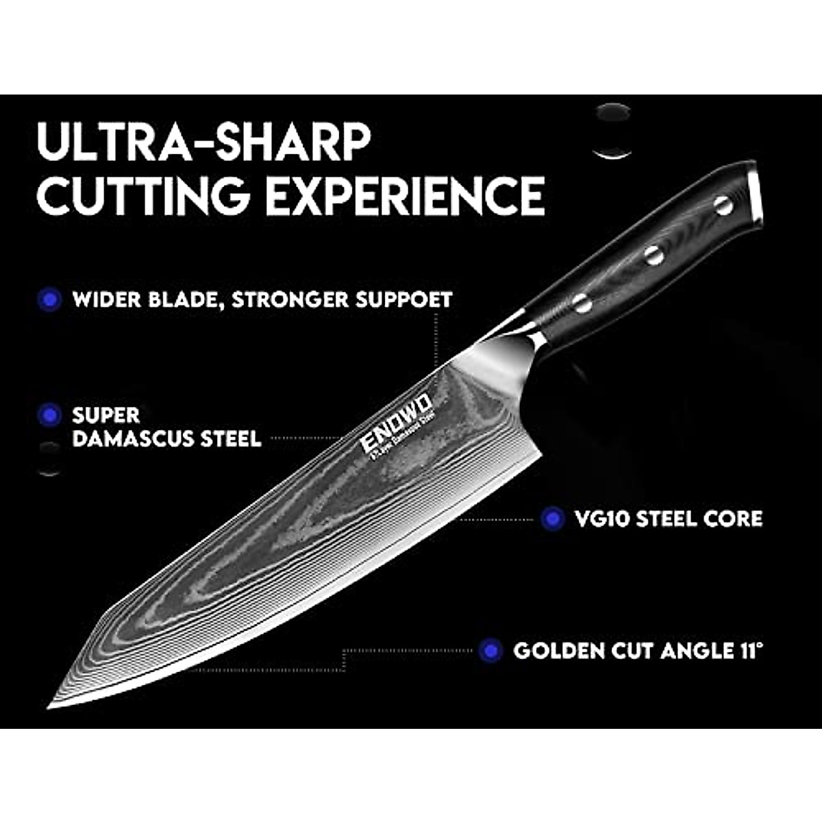 enowo Damascus Chef Knife 8 ", Kitchen Knife with VG-10 Stainless Steel, Japanese Kiritsuke knife with ergonomic G10 Handle Full Tang, Luxury Gift Box, Stain & Corrosion Resistant