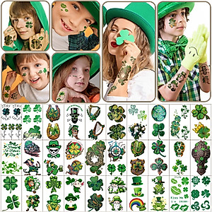 Yazhiji 70sheets St Patricks Day Temporary Tattoo for Kids Girls or Boys 10sheets Larger Half Arm Shamrock Patterned Waterproof Tattoos Stickers for Men or Women And 60 sheets Face Clover Tattoos