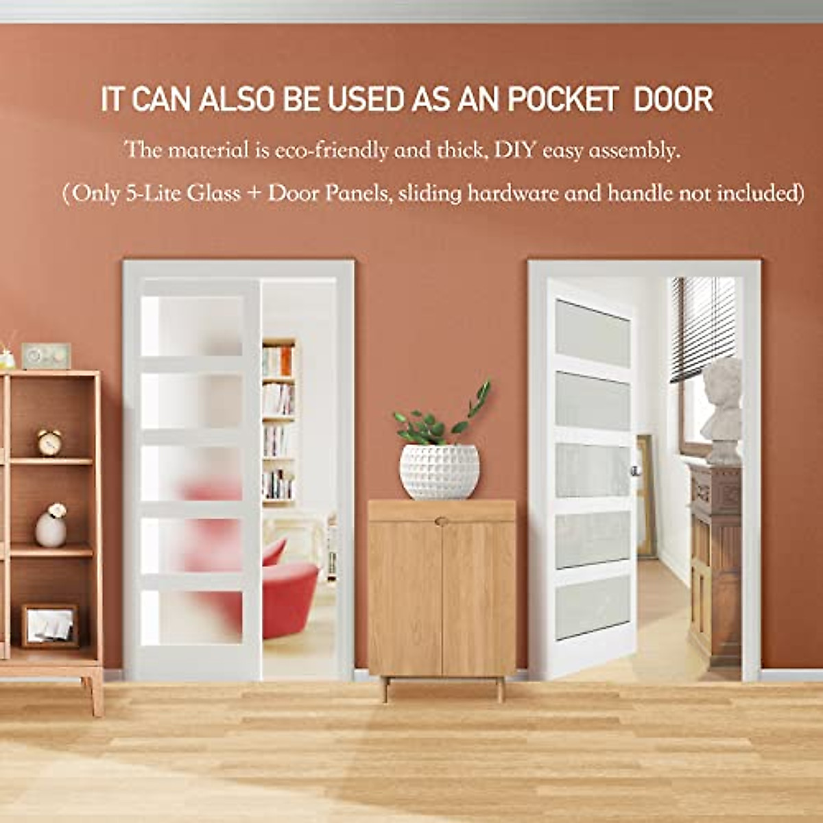 SOLRIG 30" x 80" French Interior Door - 5 Lites Tempered Frosted Glass Pantry Door Panels, Closet & Bathroom Single Door Slab, White Primed, MDF - Panel Need to Assembly