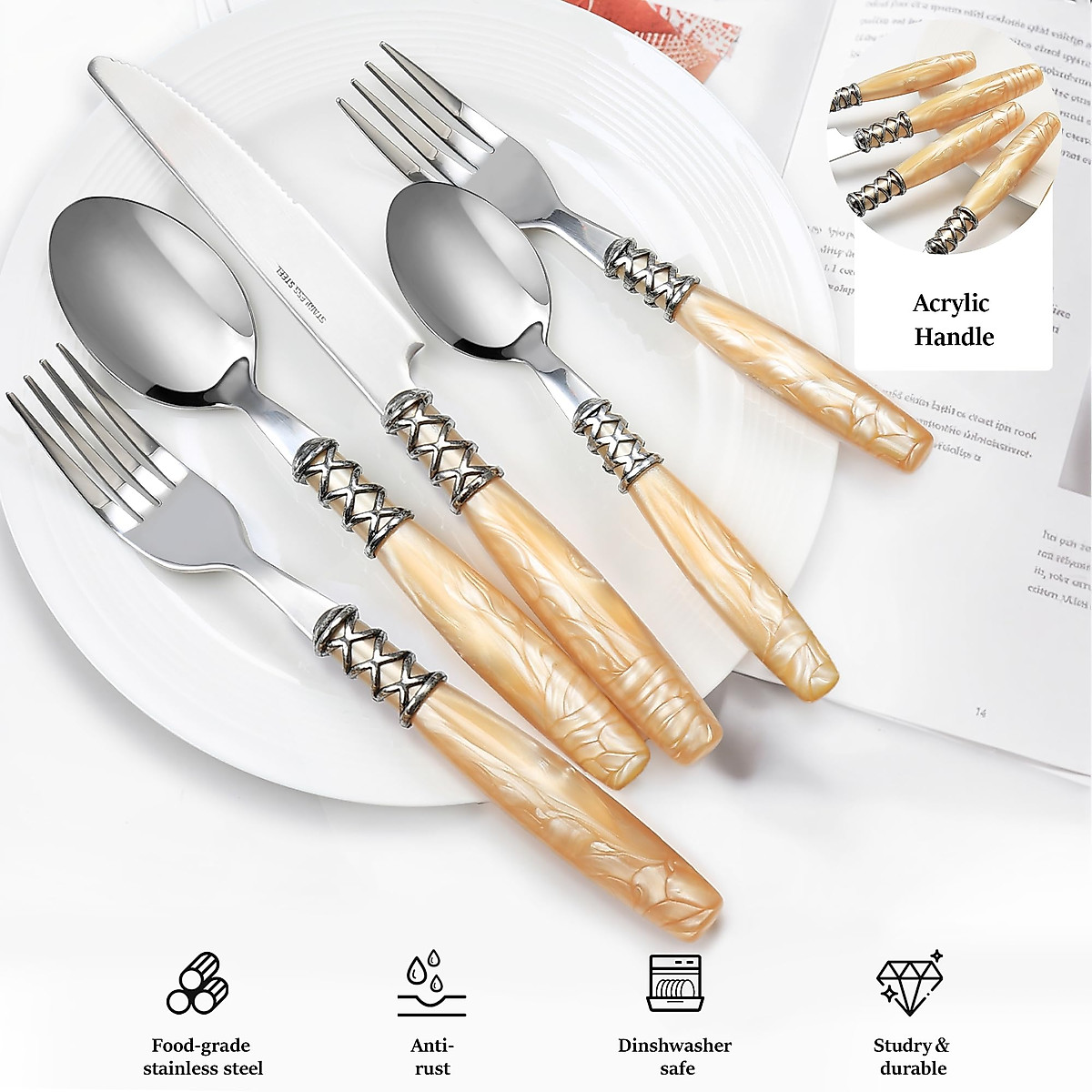 PUREAIN Laurel Silverware Set, 40 Pieces Flatware Set for 8, Vintage Cutlery Set with Champagne Acrylic Handle Including Fork Spoon and Knife, Dishwasher Safe