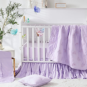 Brandream Purple Baby Girls Crib Bedding Set with Embroidered Butterfly Quilt, Crib Sheet, Crib Bed Skirt | 6-Piece Cotton Nursery Bedding Set