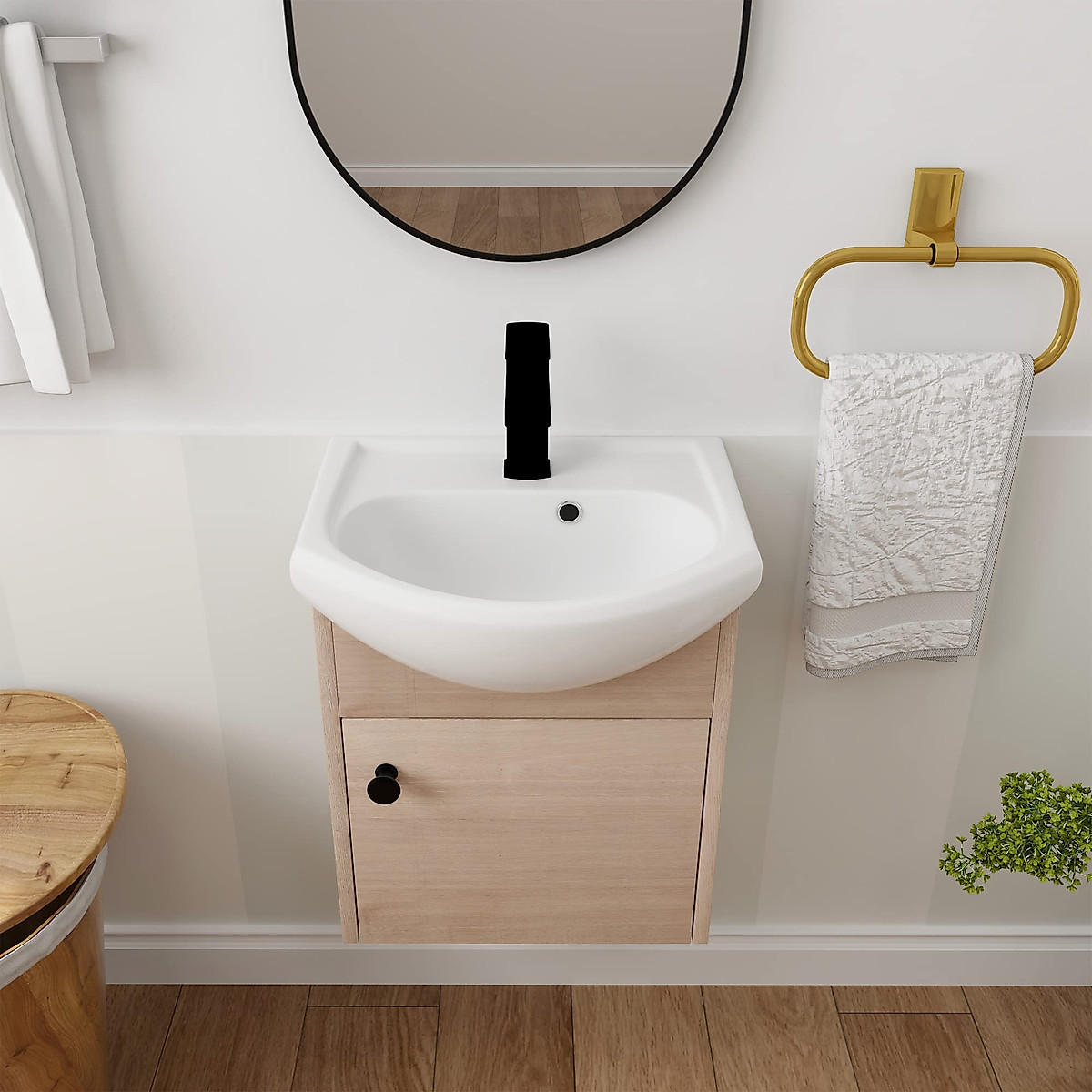 Pvillez Modern Bathroom Vanity with Sink Combo 18 inch Small Bathroom Vanity Set with Top Basin & Storage Cabinet Wood Wall Mounted Light Oak Bath Cabinet with Glossy Ceramic Sink for Small Space