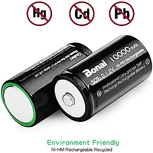 BONAI Rechargeable C Batteries 5000mAh 4-Counts with LCD Battery Charger for C D AA AAA 9V Ni-MH Ni-CD Batteries with D Cells 10,000mAh 1.2V Ni-MH High Capacity High Rate Battery 4 Pack