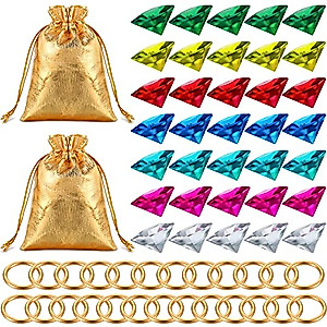Chalyna 60 Pcs Acrylic Diamond Gem Jewelry Alloy Gold Round Ring Set Hedgehog Chaos Emerald Power Halloween Party Favor Pirate Treasure Hunting Cake Decor with Gift Bag for Birthday (Bright Style)