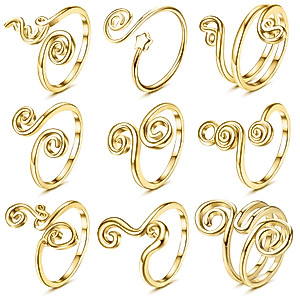 FIBO STEEL 9 Pcs Adjustable Toe Rings for Women Open African Toe Rings Summer Beach Foot Jewelry Gold-Tone