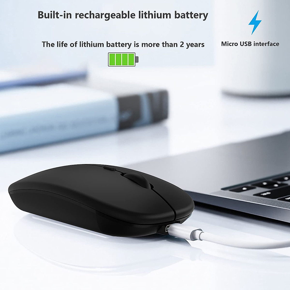 Wireless Bluetooth Mouse for Apple iPad iPhone MacBook Android Samsung Tablet Phone Dual-Mode Rechargeable 2.4G Portable Computer Mice for Windows Laptop Notebook PC Mac Desktop USB Receiver (Black)