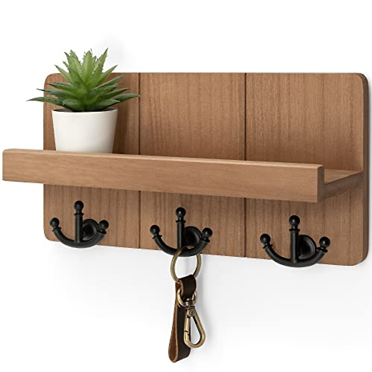 Rebee Vision Farmhouse Key Holder for Wall with Shelf: Decorative Mail Organizer and Key Rack Wall Mount with 3 Anchor Hooks - Rustic Entryway Decor (Retro Brown)
