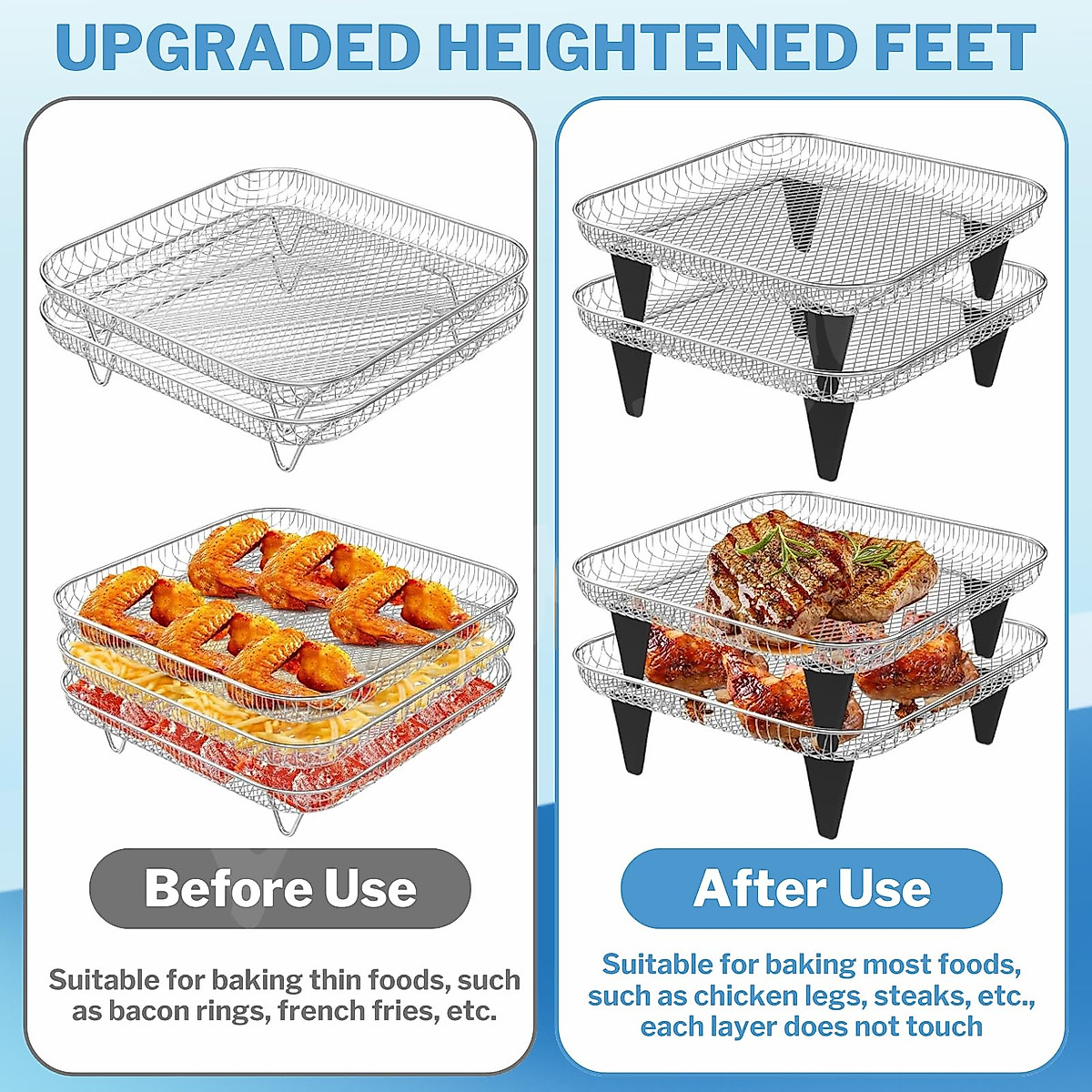 Air Fryer Accessories with 8pcs Foot Cover - 8" Square 3 Stackable Dehydrator Racks Fits 5.8 QT Air Fryer Racks for Cosori, Instant Vortex, Nuwave Air Fryer, Ninja Foodi Grill 304 Stainless Steel