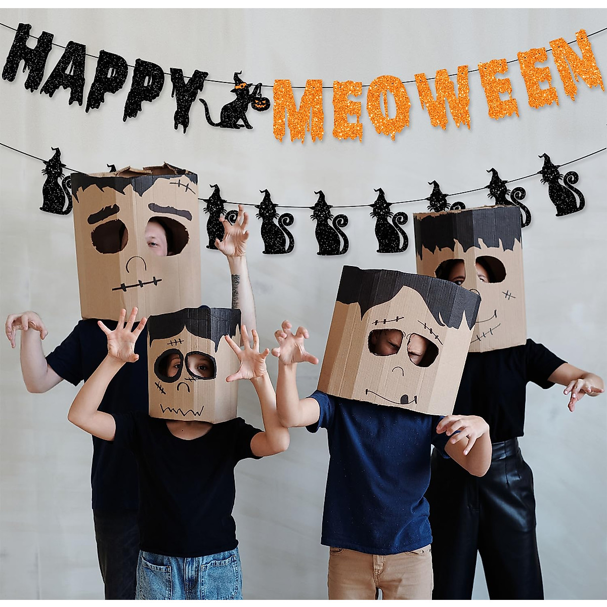 JKQ Black Orange Glittery Happy Meoween Banner with Spooky Black Cat Signs Halloween Witch Cats Banner Halloween Haunted House Party Fireplace Mantle Decorations Supplies