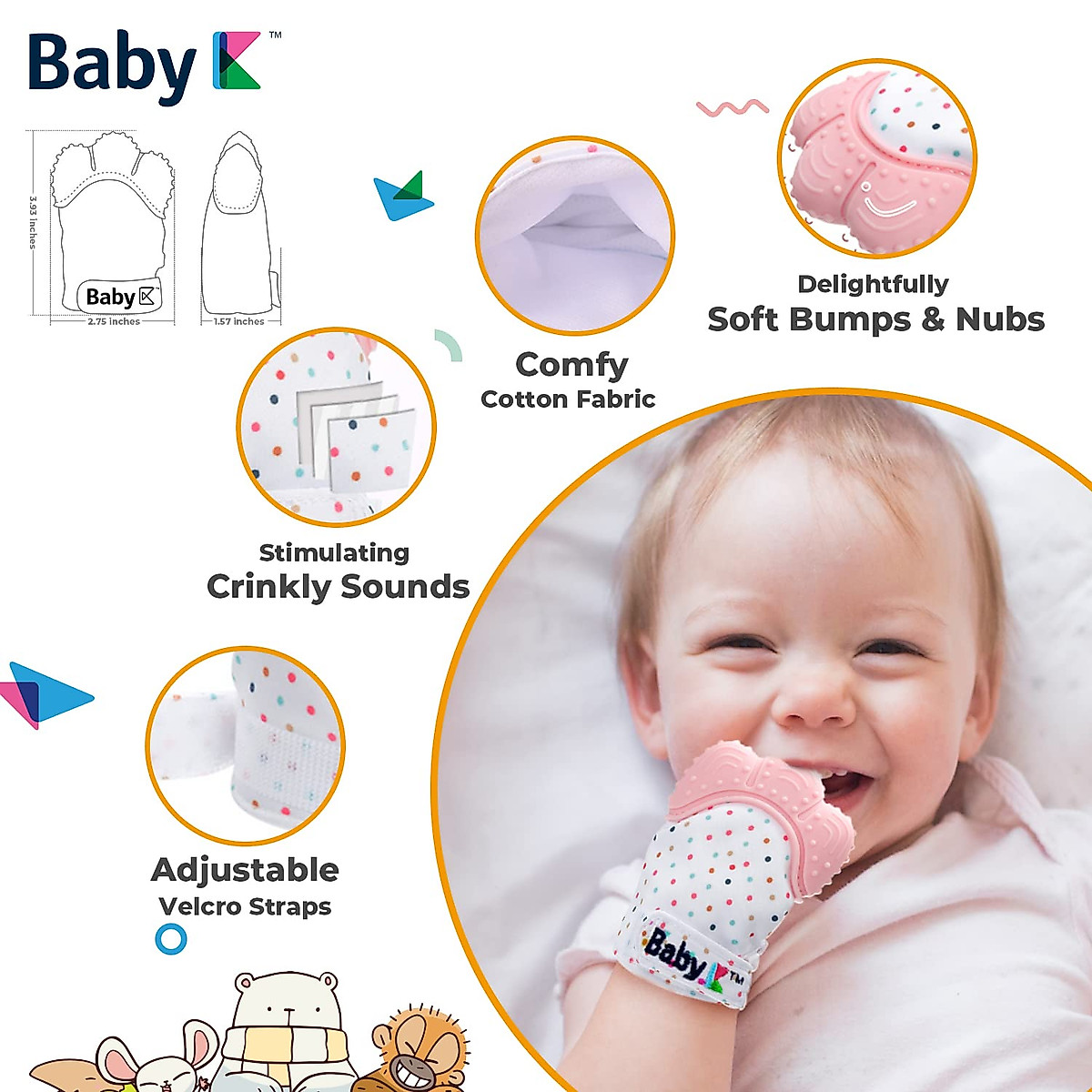 BABY K Baby Teething Toys Set 10 Pcs (Pink) - Teething Mitten for Infants - Freezable Teething Toys for Gum Relief - Sensory Toys for Babies with Soft Nubs - Teething Mittens for Babies 0-6 Months