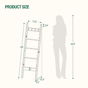 Hzuaneri Blanket Ladder for Living Room, Decorative Quilt Rack with 4 Removable Hooks, 5-Tier Farmhouse Ladder Holder Shelf Organizer for Bedroom, Greige and Black BR02105B