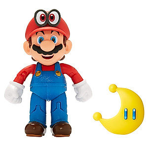Super Mario Nintendo Collectible Mario Wearing Cappy 4" Poseable Articulated Action Figure with Yellow Power Moon Accessory, Perfect for Kids & Collectors Alike! for Ages 3+ (401344)