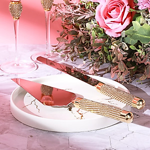 Boao 4 Piece Wedding Toasting Flutes and Cake Server Set Wedding Reception Supplies Champagne Glasses Cake Knife Pie Server (Gold)