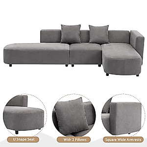 CALABASH Modern L Shaped U Style Seat Couch, Left Facing Sectional Modular Sofa, Convertible Upholstered 3-5 Seater Couches with 2 Pillows for Living Room, Bedroom, Office(Grey, 3 Seater Sofa)