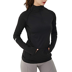 Quarter Zip Pullover Women Athletic Long Sleeve Golf Shirts Workout Shirt Fitted Long Sleeve Thumb Hole Active Wear Tops Black M