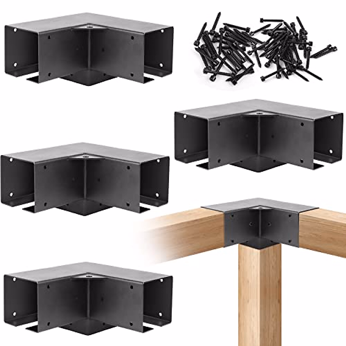Pergola Brackets 4x4 Pergola Kit – Stainless Steel 3-Way Pergola Bracket DIY Kit Corner Bracket Kit for 4x4 Wooden Beams for Gazebos, Patio Pergolas, Sheds, Black Finish (4 Pack)