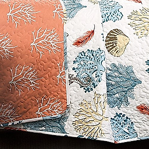 Lush Decor Full Queen-Blue and Coral Coastal Reef Quilt-Reversible 7 Piece Bedding Set with Feather Seashell Design