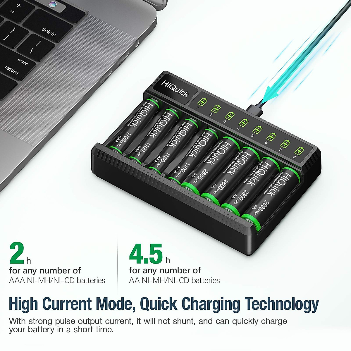 HiQuick 8 Bay Smart Battery Charger with 4AA and 4AAA Battery + 4 AA 4 AAA Rechargeable Batteries