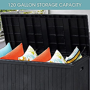 SUNVIVI OUTDOOR 120 Gallon Deck Storage Box with Hydraulic Hinge, Resin Patio Storage Bin with Lockable Lid, Waterproof Outside Storage Container for Cushions, Pool Supplies, Garden Tools, Black