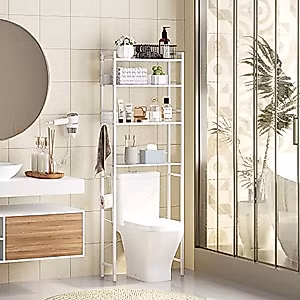 HOME BI Over The Toilet Storage Shelf ，Bathroom Organizer Over The Toilet Storage 4-Tier ，Wooden freestanding Toilet Shelf for Space Storage Toilet with Hooks (White Oak)