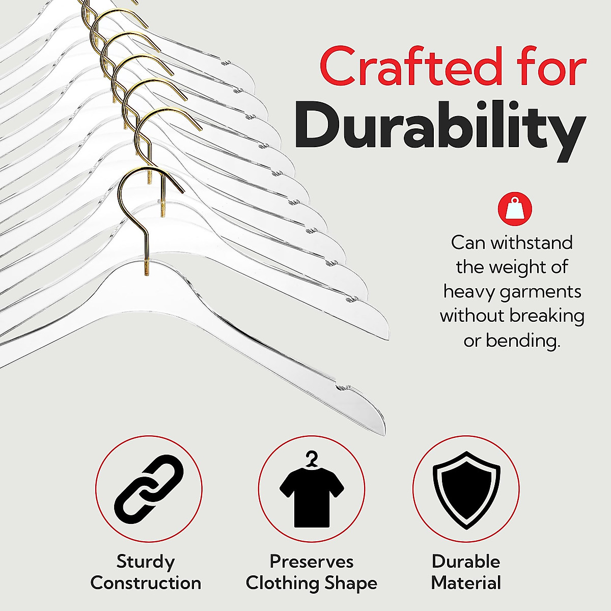 YG Living Clear Acrylic Hangers with Gold Hooks - 15 Pack - Hangers for Shirts - Clothing Hangers for Closet or Dorm - Heavy Duty Hangers to Hang Coats, Suits, Jackets - Coat Hanger with Notches