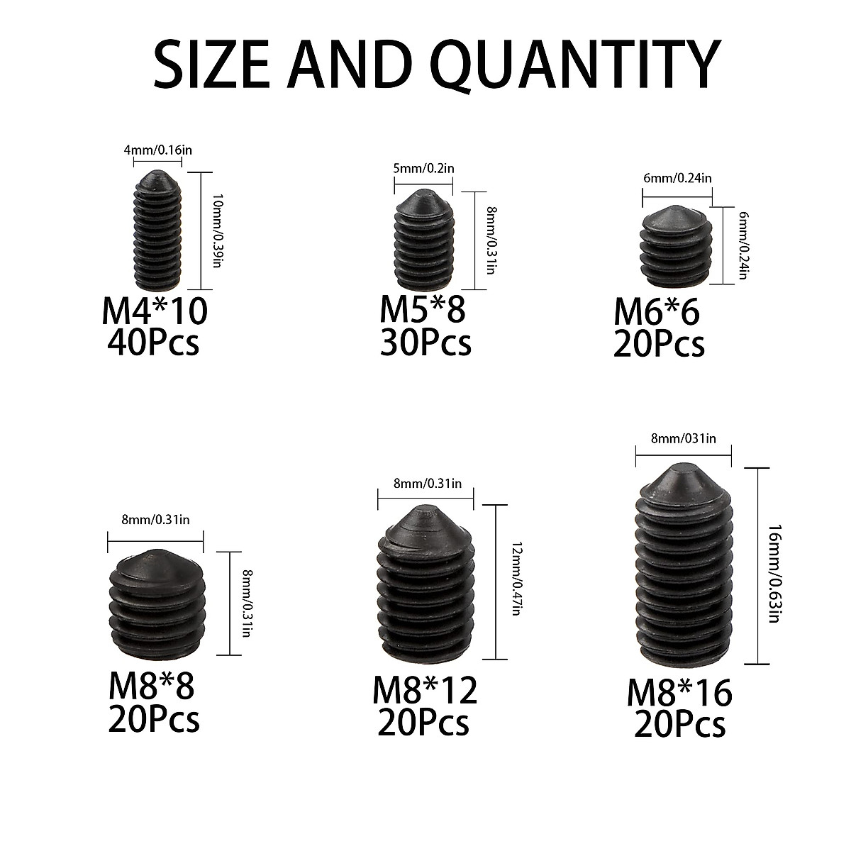 Rrina 150Pcs M4/M5/M6/M8 Hex Allen Head Socket Set Screws Grub Screw Bolts Assortment Kit,12.9 Class Alloy Steel Internal Hex Drive Cup-Point Screws