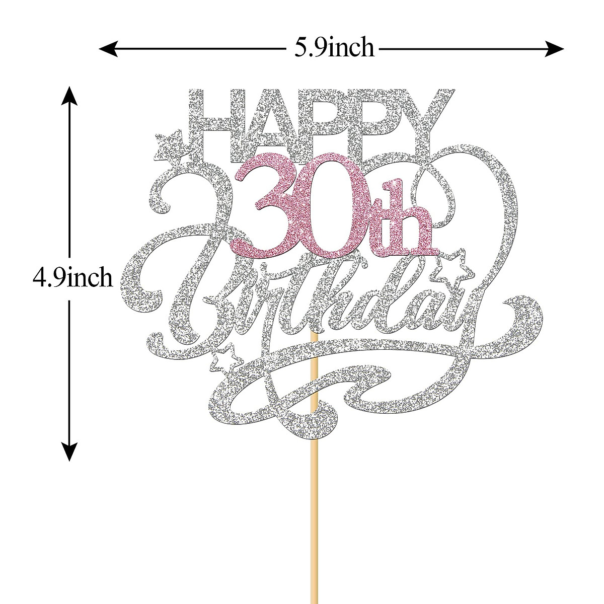 MonMon & Craft Happy 30th Birthday Cake Topper/Cheers to 30 Years/Women Girls 30th Birthday Party Decor Supplies - Silver & Pink Glitter (30th)