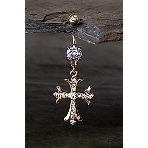 Pierced Owl 14G 316L Surgical Steel Celtic Cross with Paved Gems Dangling Belly Button Ring (Silver Tone)