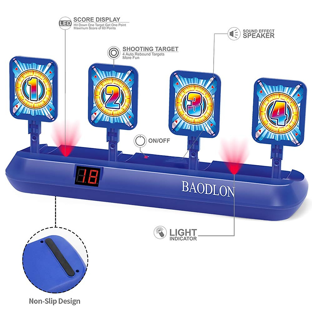 BAODLON Digital Shooting Targets with Foam Dart Toy Gun, Electronic Scoring Auto Reset 4 Targets, Shooting Game Toys Gifts for Age of 5, 6, 7, 8, 9, 10+ Years Old Kids, Boys, Compatible with 2 Toy Gun
