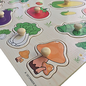 Home Learning Preschool Early Educational Development Colorful Fruit and Vegetables Wooden Peg Puzzle Jigsaw Bundle Shape Toys and Games for Age 3-7 Years Old Child Children Boys Girls