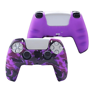 PS5 Controller Skin-Hikfly Silicone Cover for PS5 Controller Grips,Non-Slip Cover for PlayStation 5 Controller- 2 x Skin with 8 x Thumb Grip Caps(Purple,Grey)