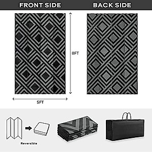 Ashler Outdoor Plastic Straw Rug Waterproof for Patio, Clearance Reversible Camping Mats, 5x8 Large Outdoor Area Rugs with Carrying Bag, for RV, Picnic, Backyard, Indoor, Dark Grey