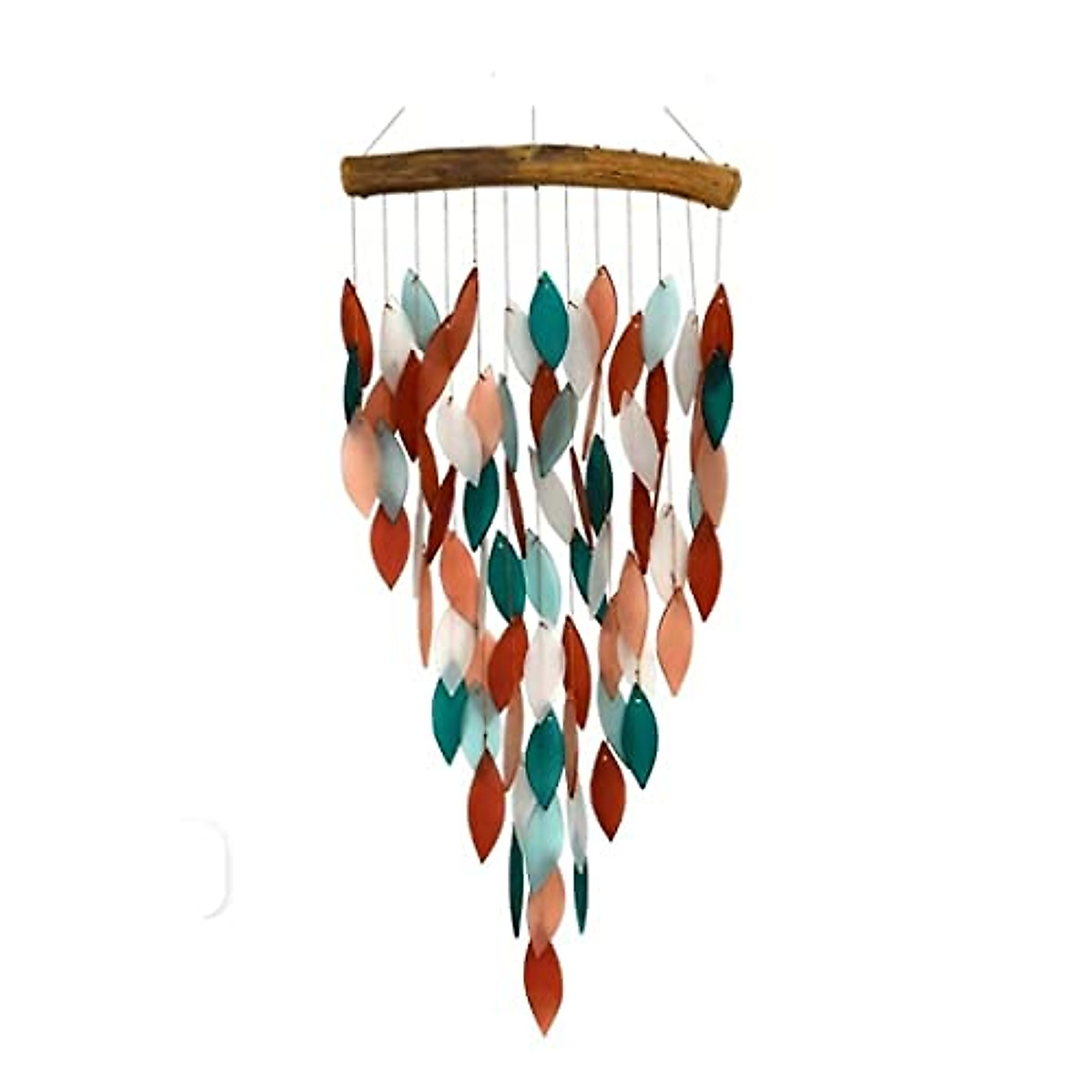 Blue Handworks Deluxe Coral & Teal Waterfall & Driftwood Chime, Sandblasted Glass and Found Wood Handcrafted Wind Chime