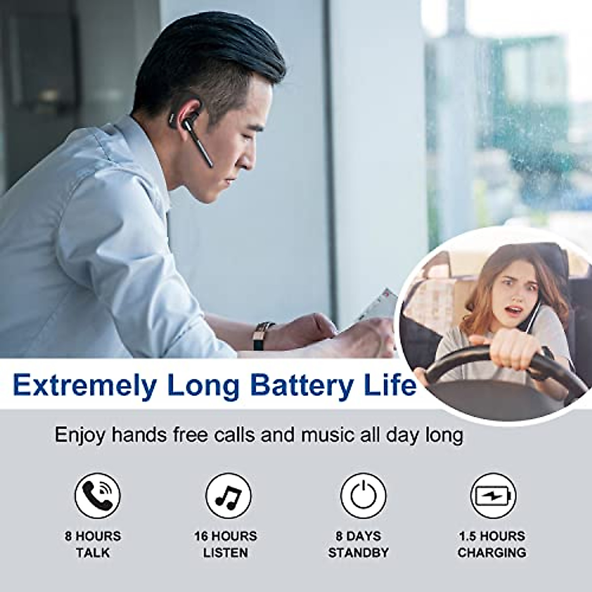 Bluetooth Headset with CVC8.0 Dual Mic Noise Cancelling, Bluetooth Earpiece V5.0 Hands-Free Wireless Headset for iPhone Android Cell Phone Trucker Business Office, Super Light, Clear Chat