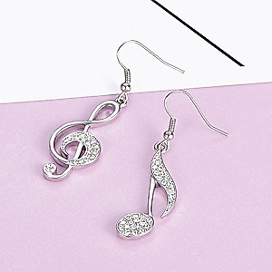 Caiyao Delicate Music Note Dangle Earrings Czech Crystal Eighth Note Treble Clef Music Note Drop Earrings for Women Musican-Silver
