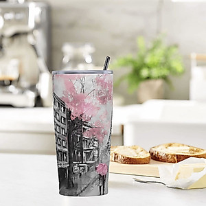 Dujiea 20oz Tumbler With Lid And Straw, Eiffel Tower Pink Lovers In Paris Vacuum Insulated Iced Coffee Mug Reusable Travel Cup Stainless Steel Water Bottle