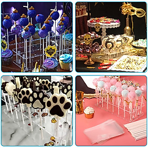 Goabroa Cake Pop Display Stand with 100 PCS Cake Pop Sticks and 100 PCS Wrappers Kit, 21 Holders Clear Acrylic Cakepop Making Accessories for Weddings Baby Showers Halloween