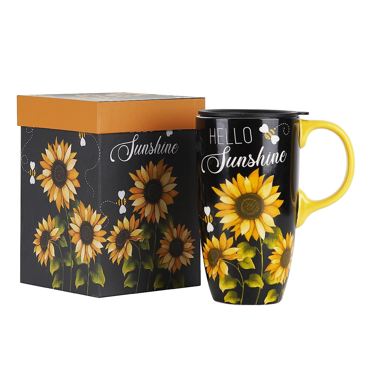 Topadorn Ceramic Coffee Mug Gift for Home & Office, 17oz. Porcelain Latte Travel Cup with Lid and Color Box, Sunflower Art Tea Mug with Handle, 6.5" H