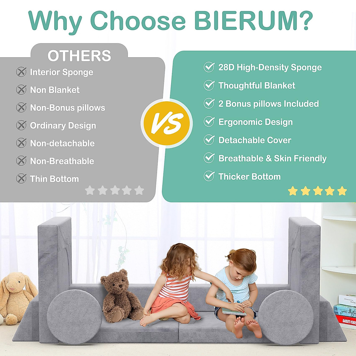 BIERUM Kids Couch, 12PCS Modular Kids Play Couch with Blanket, Kids Sofa Couch for Playroom & Indoor, Convertible Toddler Couch for Girls and Boys