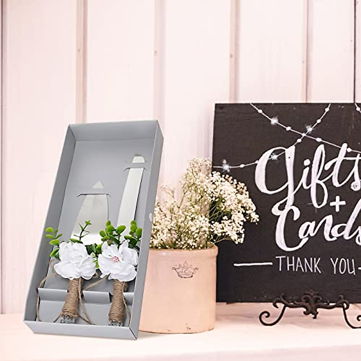 YHNJI 2Pcs Wedding Cake Knife and Server Set, Silver Cake Cutting Set with Eucalyptus Leaves Burlap Lace And Rose Bridal Cutter Set for Wedding Birthday Party