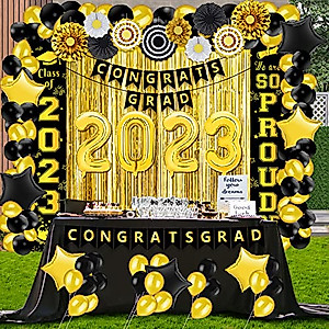 Class of 2023 Graduation Decorations, Black Gold Graduation Party Decor Kits, Banner, Balloons, Large Congrats Grad Party Supplies, Congrats Grad Decorations For Senior High School College Photo Prop