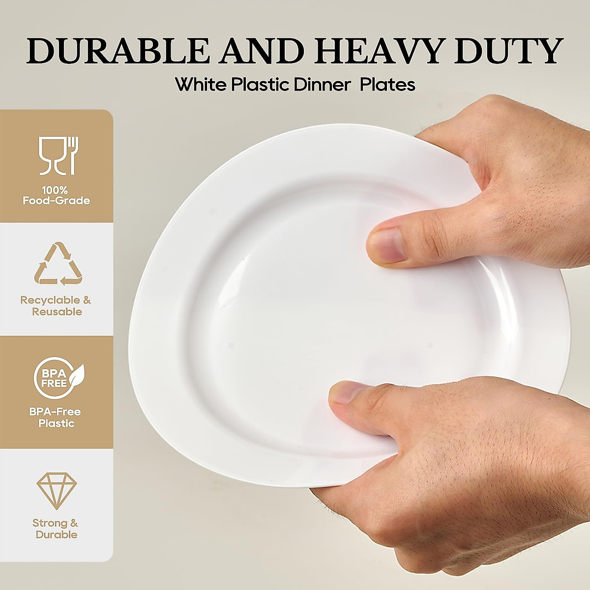 FOCUSLINE 100 Count White Plastic Plates 10 Inch, Disposable Heavy Duty Plastic Dinner Plates- Premium Hard Plastic Plates Fancy Disposable White Plates for Weddings, Parties and Events