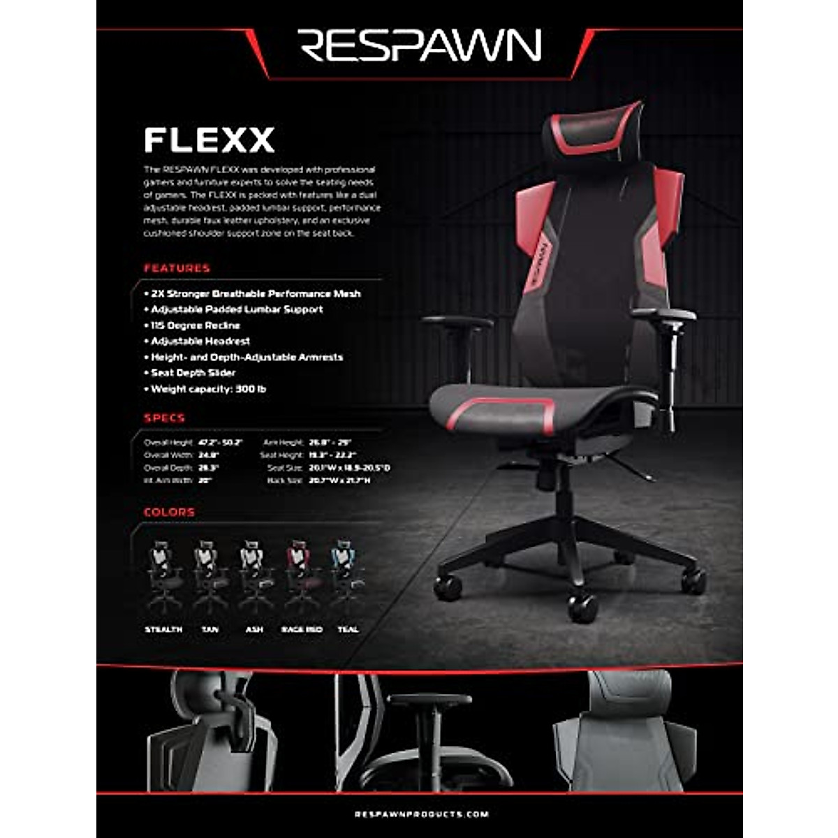 RESPAWN FLEXX Gaming Chair Mesh Ergonomic High Back PC Computer Desk Office Chair - Adjustable Lumbar Support, Seat-Slide, 115 Degree Syncro-Tilt Recline, 2D Armrests & Headrest, 300lb Max - Black
