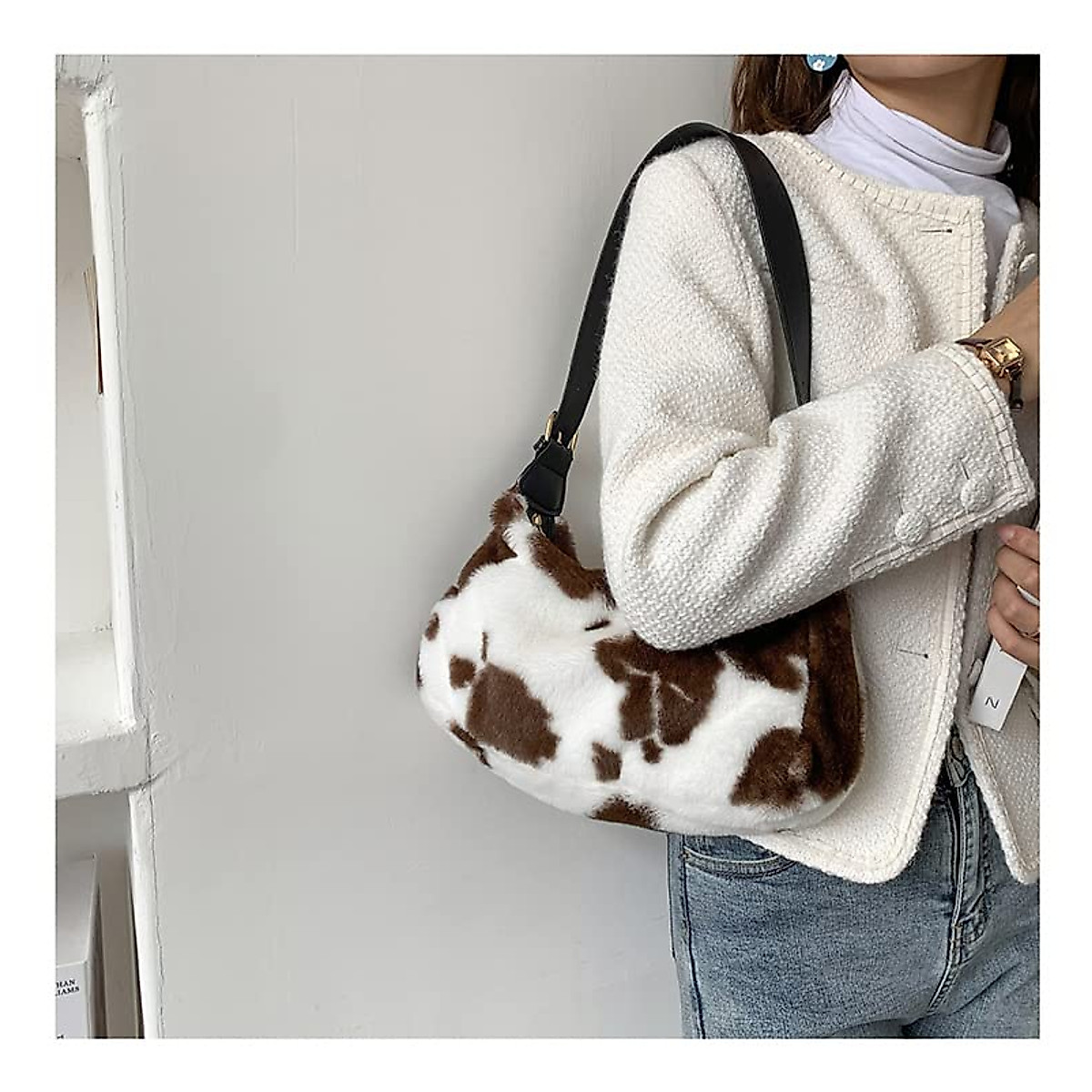 Women Fluffy Faux Fur Cow Print Shoulder Bag Clutch Purse Underarm Handbag Satchel Zipper Tote Bag Purse