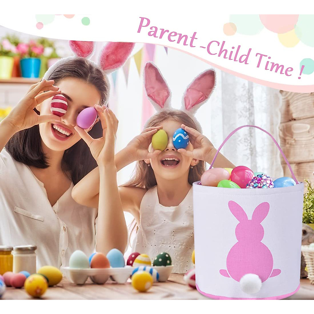 Faylapa 3pcs Easter Bunny Basket Bags Bunny Canvas Tote - Party's Celebrate Decoration Eggs Candy and Gifts Carry Bucket-Pink+Blue+Green