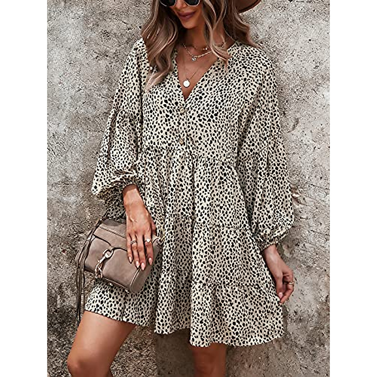 TEMOFON Womens Long Sleeve Fall Dress: Leopard Printed Tunic Casual Loose V Neck Fall Flowy Mini Dresses Khaki L