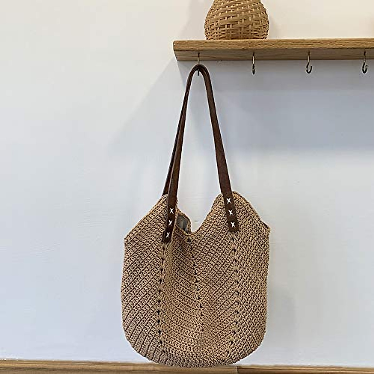 QTKJ Hand-woven Soft Boho Women's Summer Crochet Beach Shoulder Bag PU Leather Handle Woven Handbag for Women (Brown)