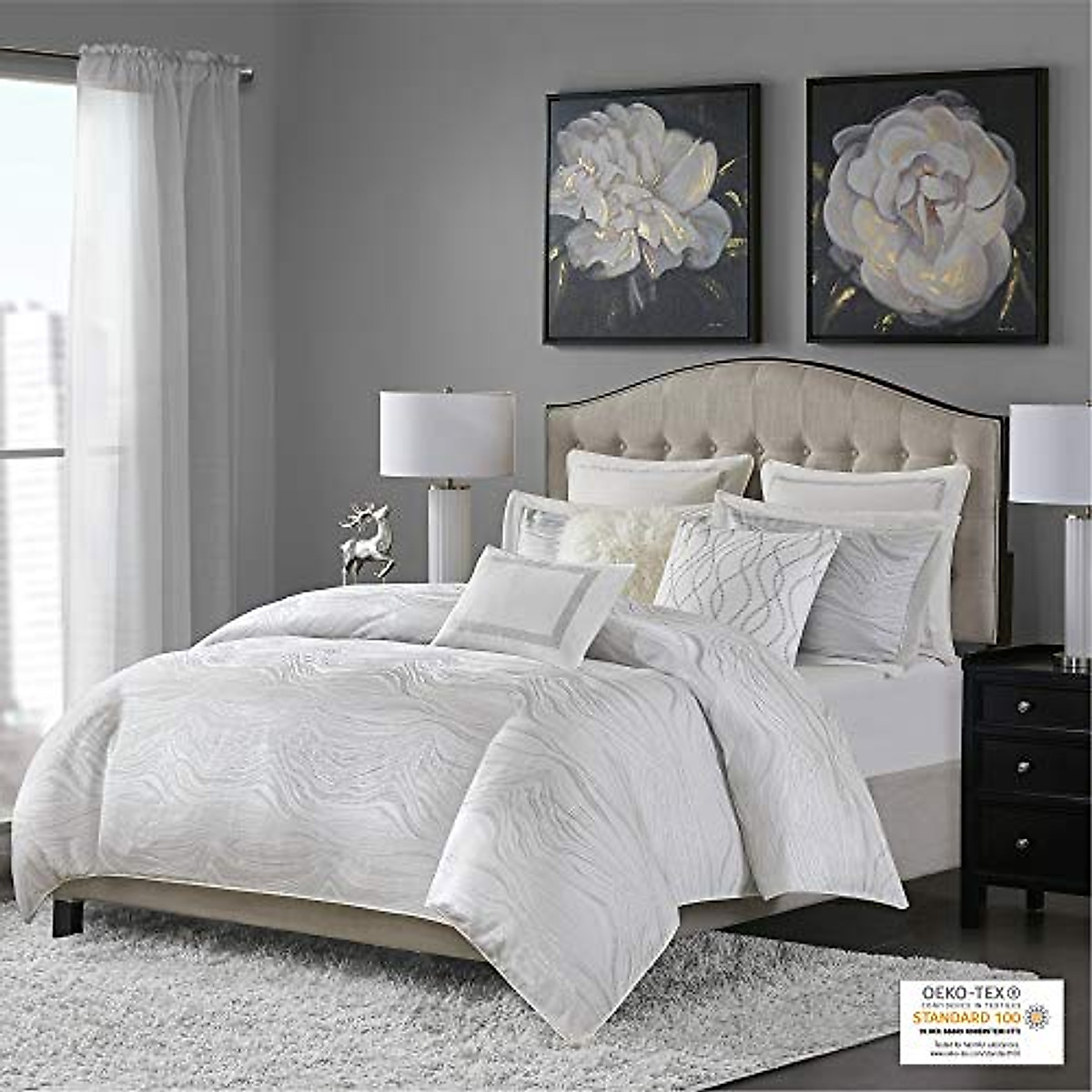 Madison Park Signature Hollywood Glam Cozy Comforter Set - All Season Bedding Combo Filled Insert and Removable Duvet Cover, Shams, Decorative Pillows, Metallic White King(110"x96") 10 Piece