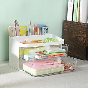 DOCMON Desk Organizer with 2 Drawers, Cute Pen Pencil Holder for Desk, Makeup Brush Holder Organizer for Vanity Home Office School